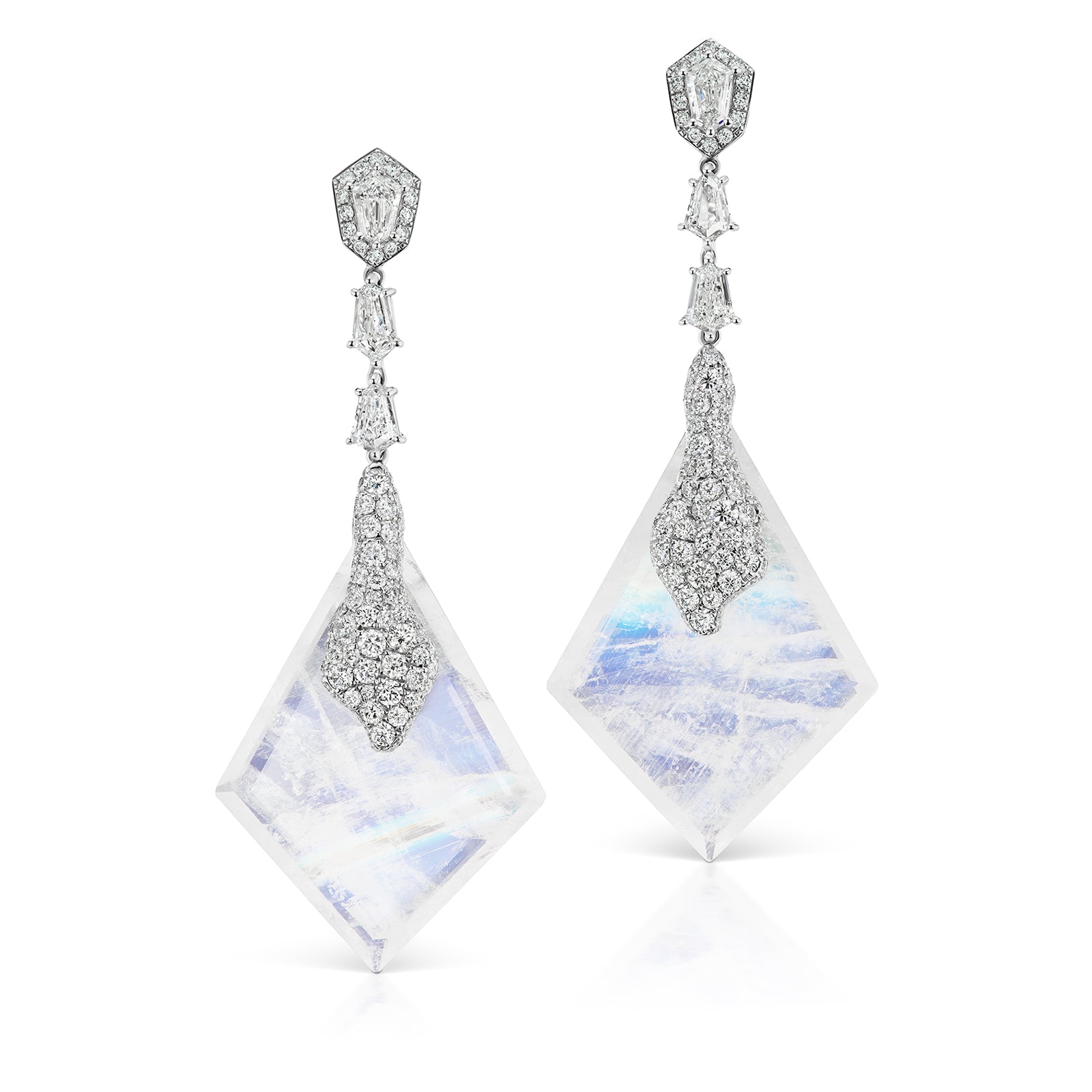18K white gold diamond and blue moonstone drop earrings. – Neha Dani