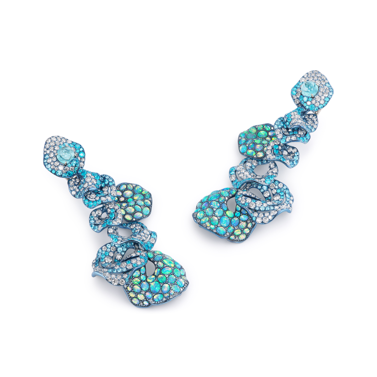 Titanium earrings set with paraiba tourmaline, opals and diamonds ...